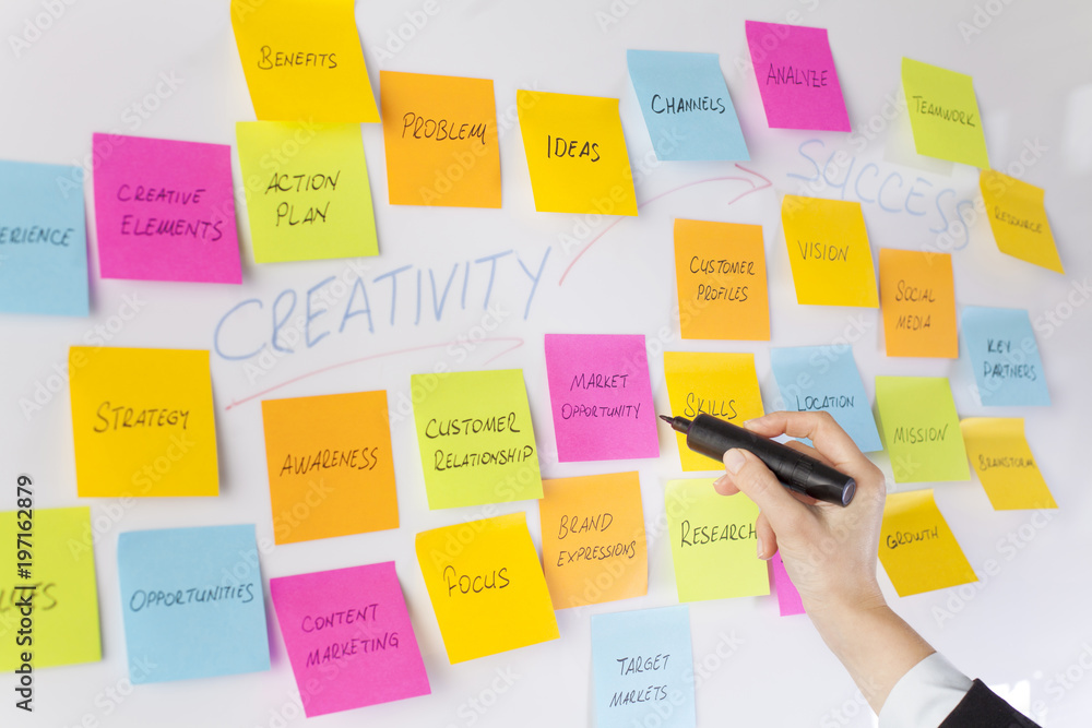 Whiteboard covered with adhesive note papers Stock Photo | Adobe Stock