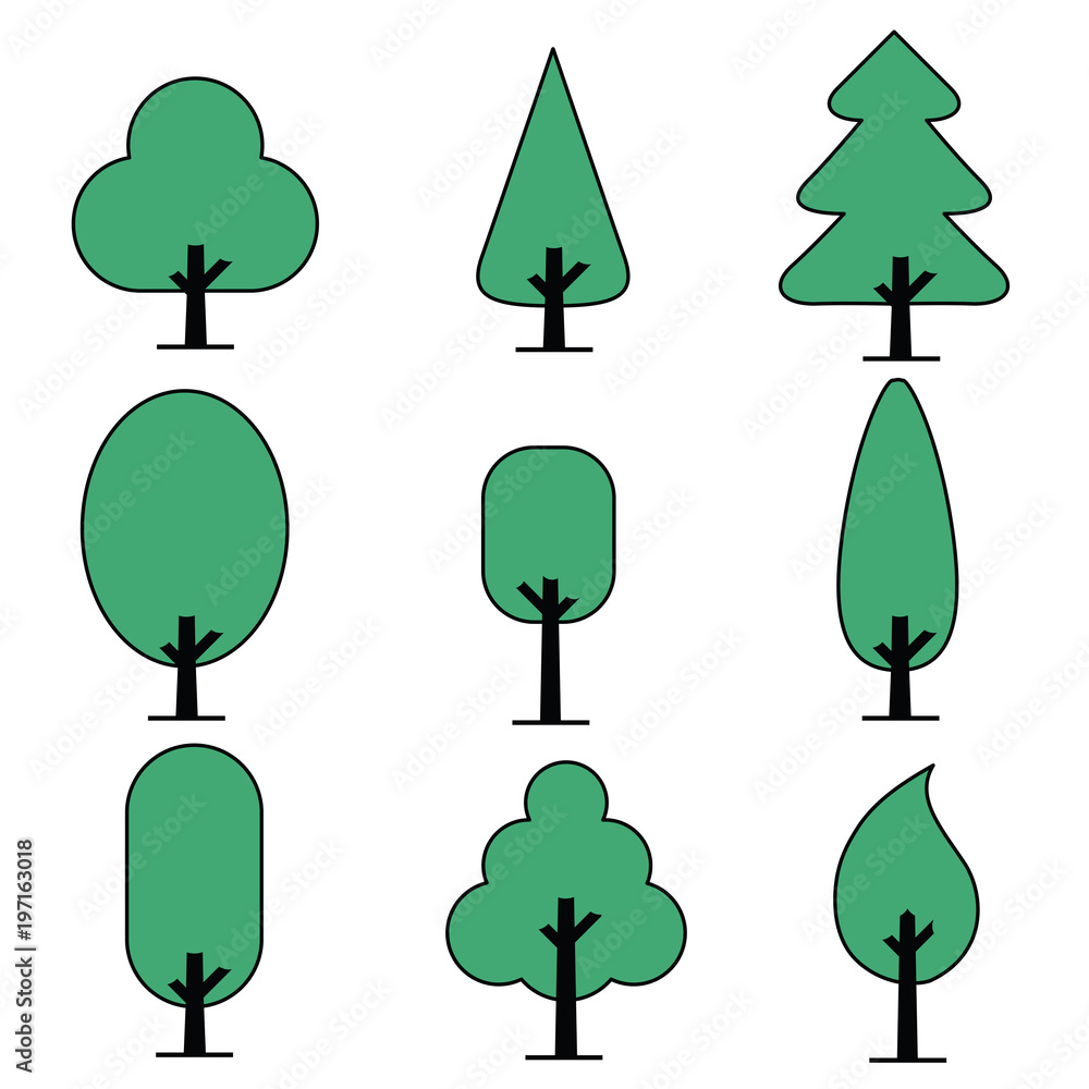 Trees collection Green of leaves and icon different shapes in modern ...