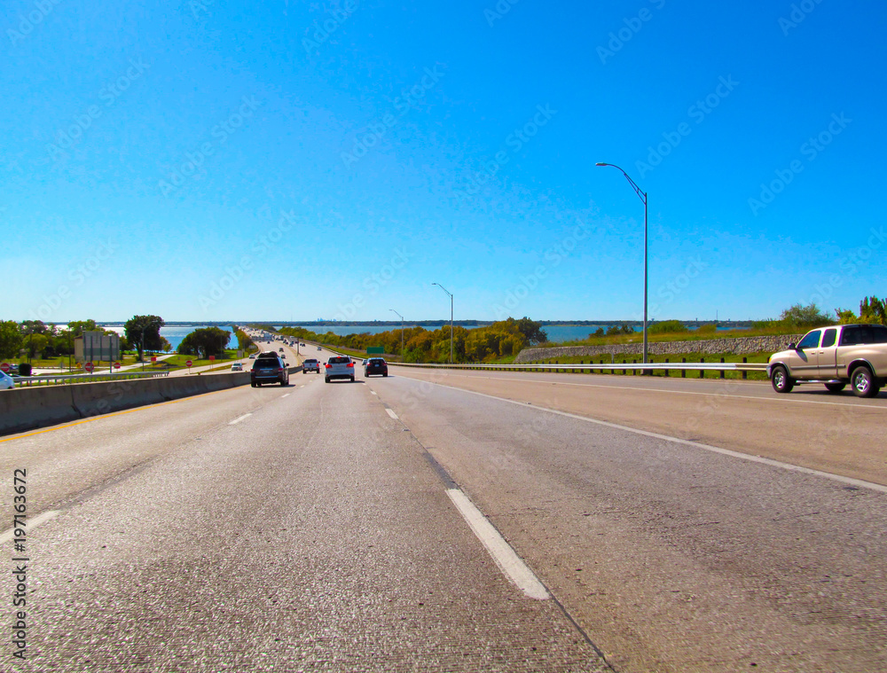 Panorama of highway towards Dallas, Texas, USA. View of the asphalt ...