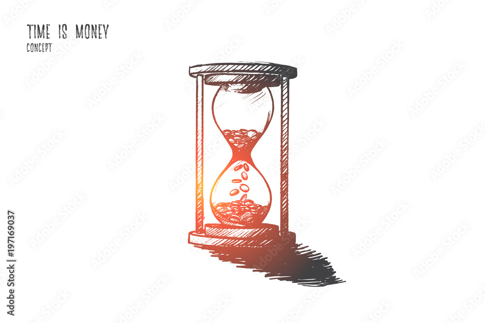 Time is money concept. Hand drawn hourglass as symbol of time and ...