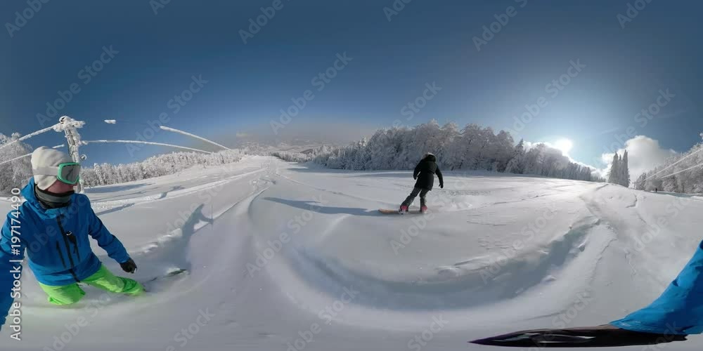 360 VIRTUAL REALITY, LENS FLARE, SELFIE: Active freeriders riding down ...