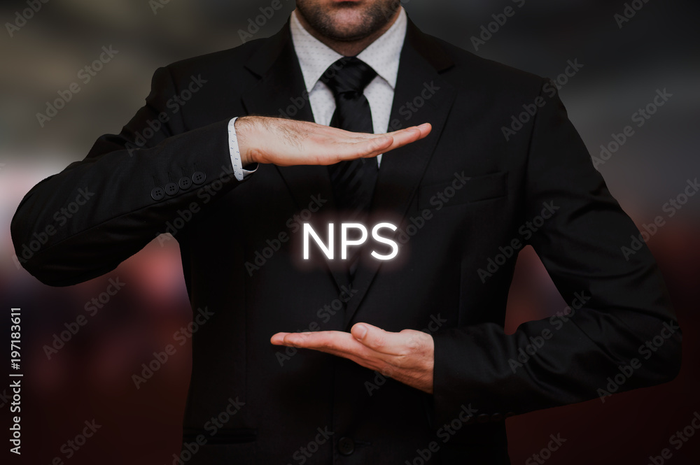 Net Promoter score (NPS) concept text between hands of the businessman ...