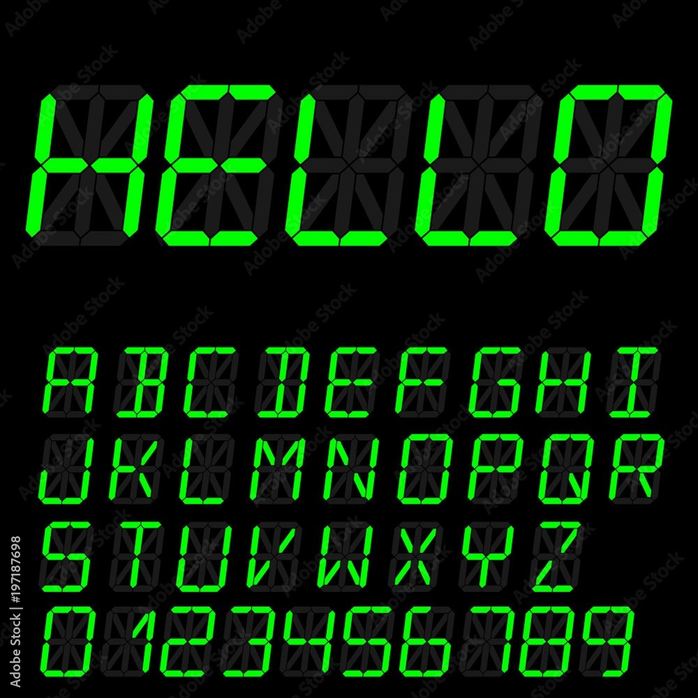 digital font signs made up from sixteen segments on dark background ...