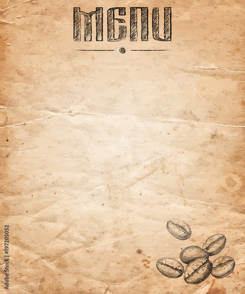 Menu of restaurant with hand drawn coffee beans on the old paper ...