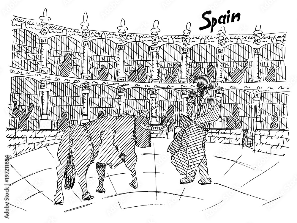 spain bullfight black and white drawing with bull and matador Stock ...