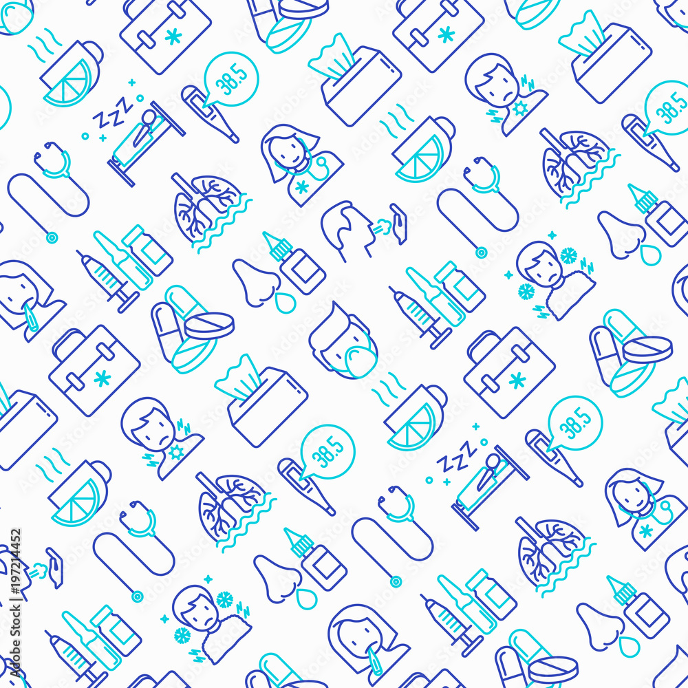 Flu and symptoms seamless pattern with thin line icons: temperature ...