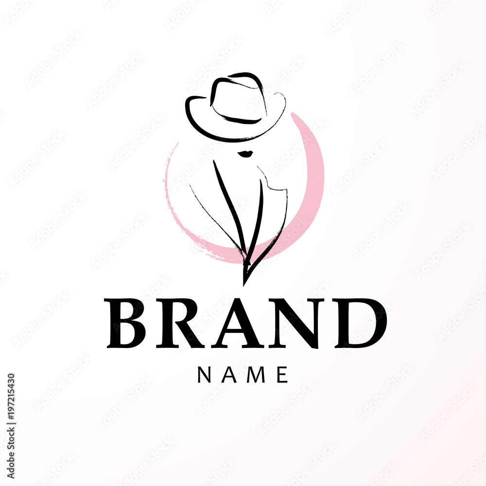 Vector artistic logo with hand drawn lady in hat portrait isolated on ...