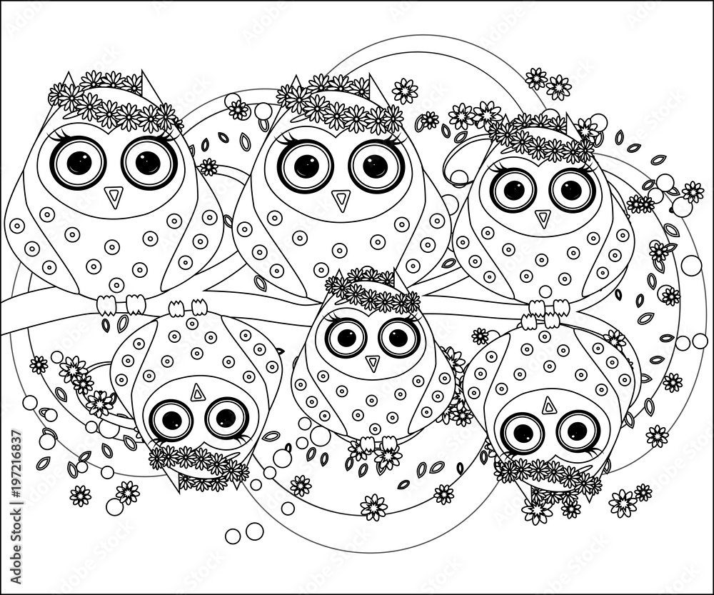 Coloring book for adult and older children. Coloring page with cute owl ...