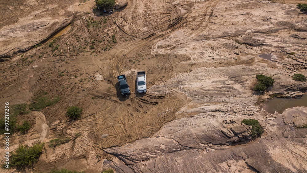 Aerial view of off-road car vehicles, Outdoor motor sport 4x4 travel ...