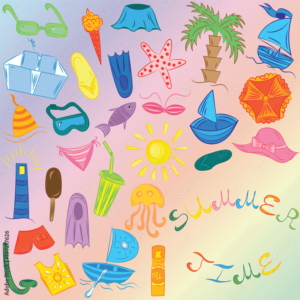 Summer Time. Hand Drawings of Summer Symbols. Colorful Doodle Boats ...