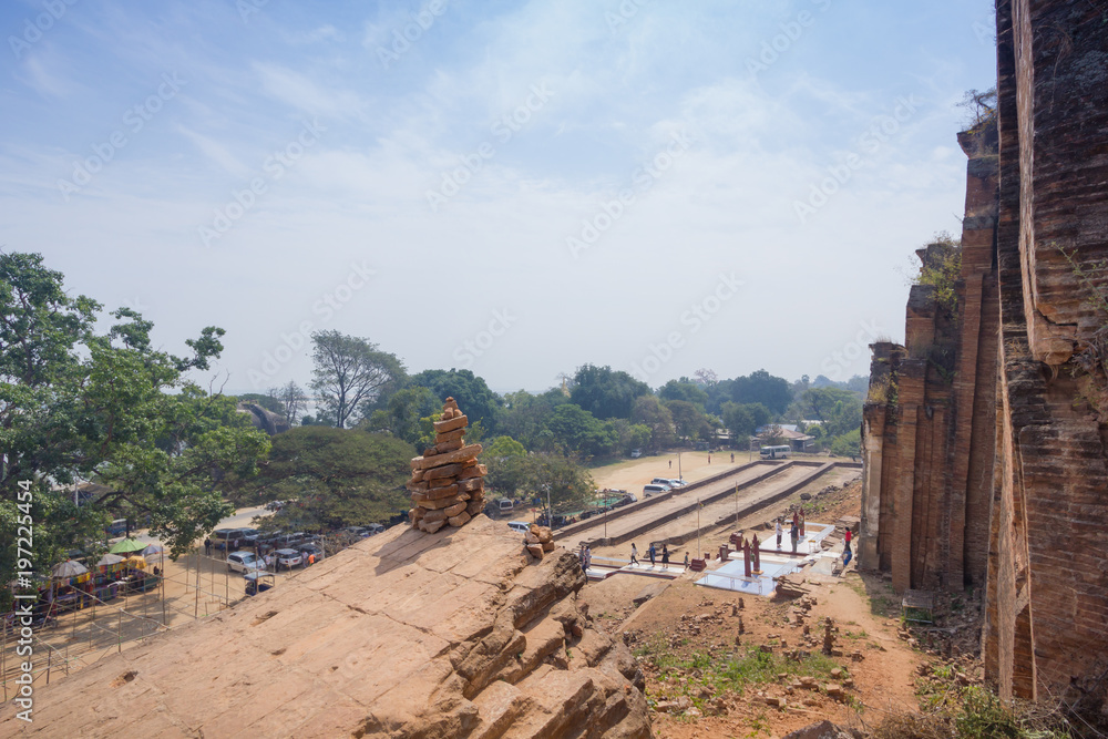 Brick stacking built to worship to the Mingun pagoda with tourist ...