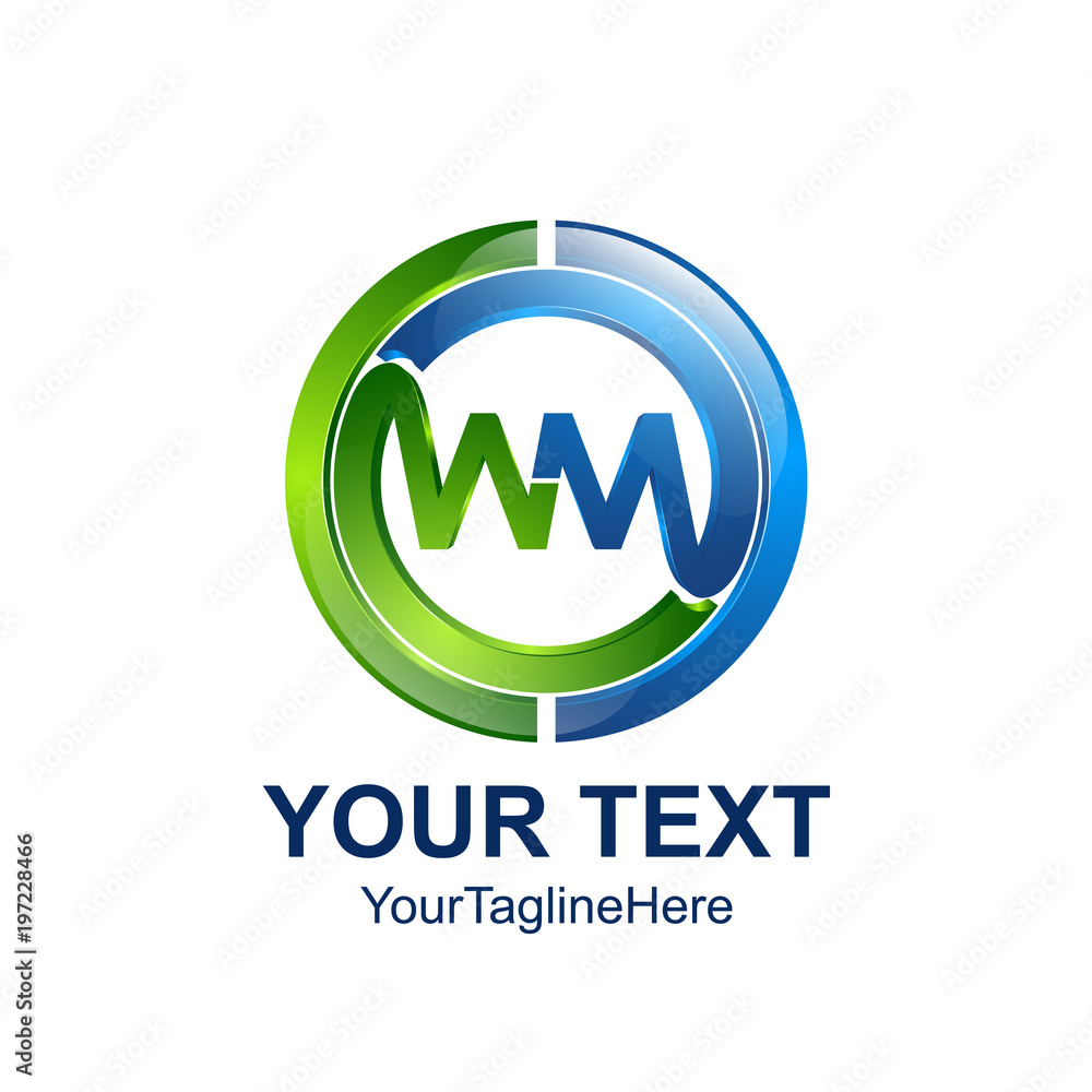 Initial letter WM logo template colored blue green circle design for ...