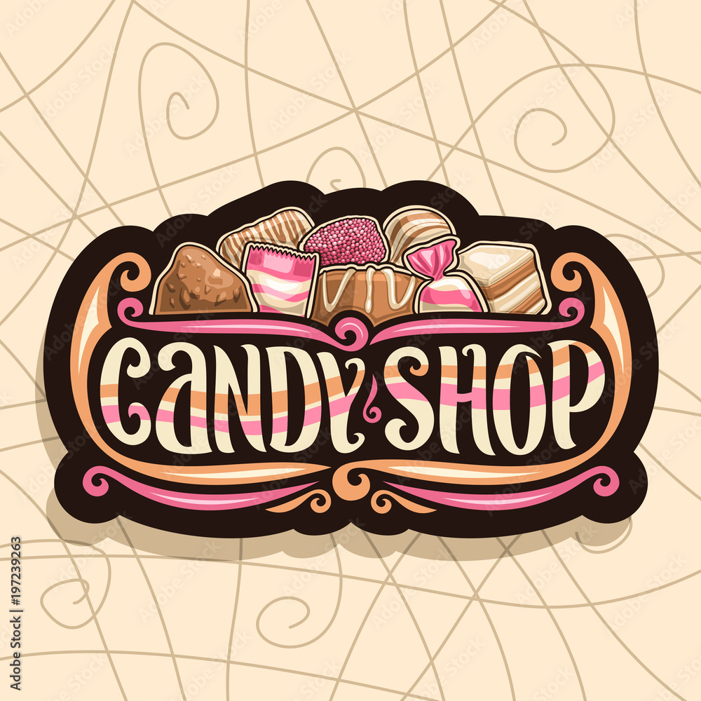 Vector logo for Candy Shop, retro signboard with pile of swiss praline ...