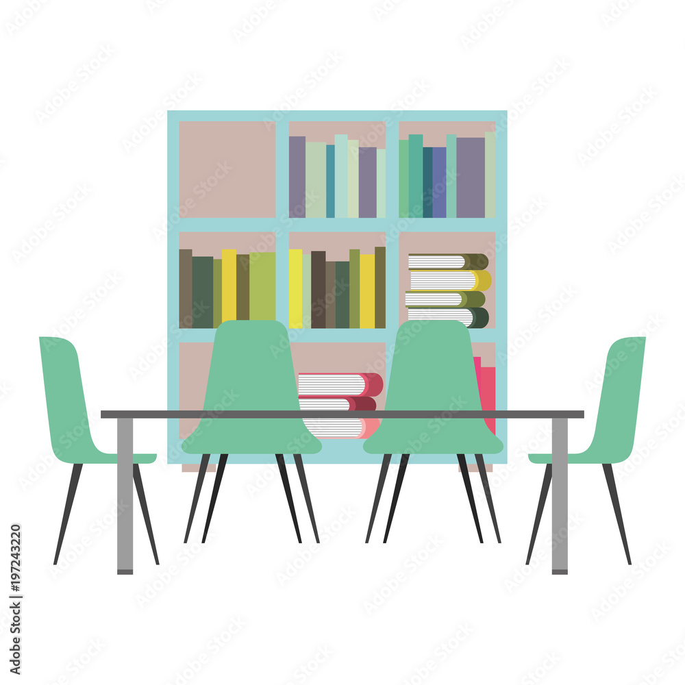library with bookshelves and desk with chairs vector illustration Stock ...