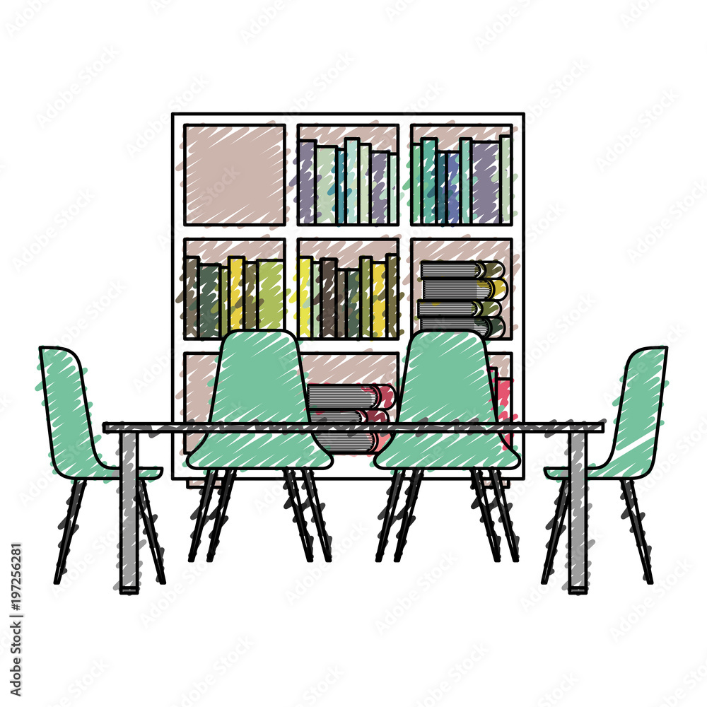 library with bookshelves and desk with chairs vector illustration Stock ...