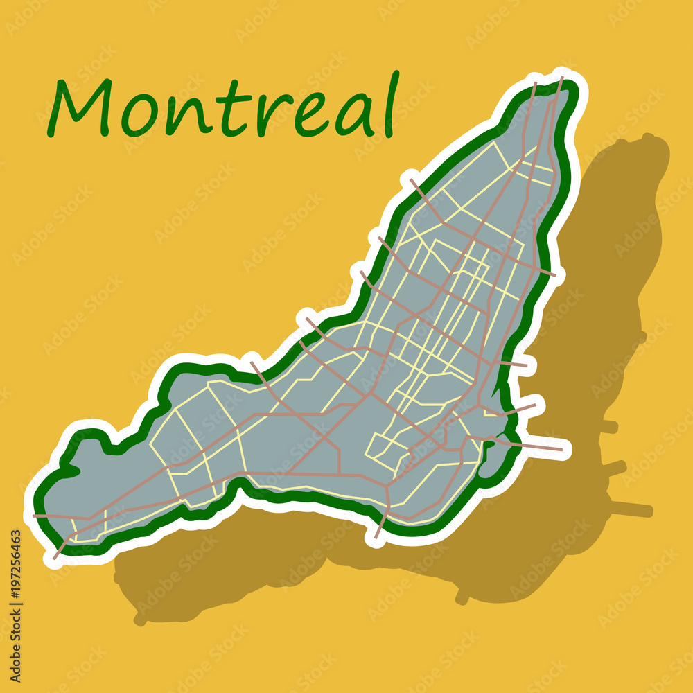 Sticker map of Montreal is a city of Canada, with borders of the ...