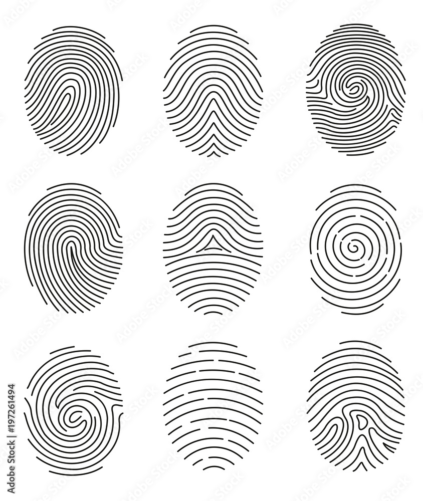 Vector illustration set of different shape fingerprint in line style on ...
