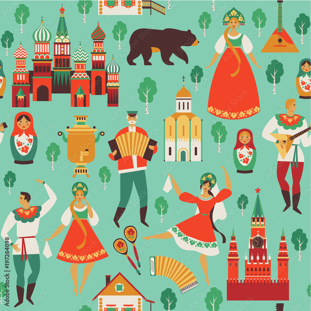 Russian sights and folk art. Flat design Vector illustration. Seamless ...