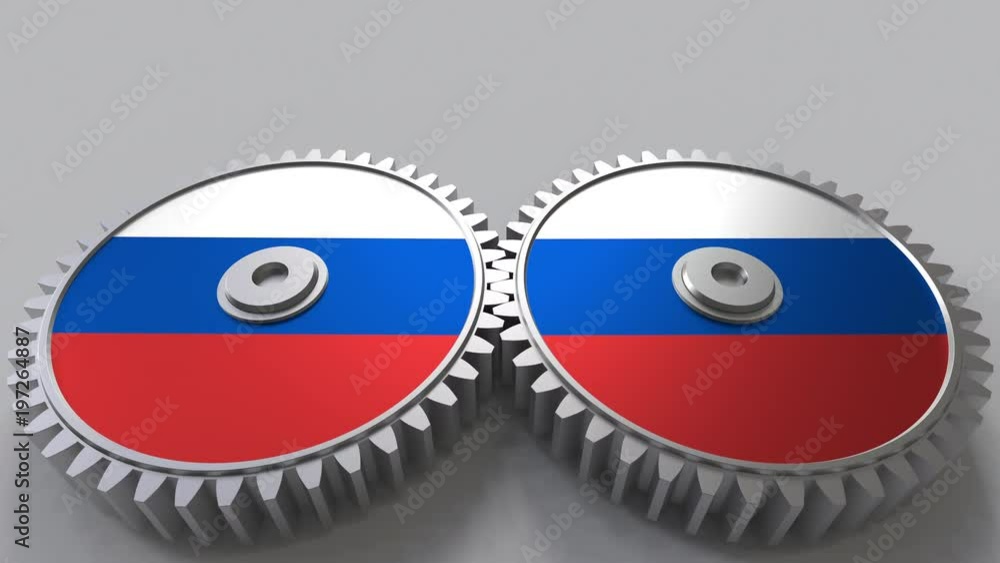 Russian national project. Flags of Russia on moving cogwheels ...