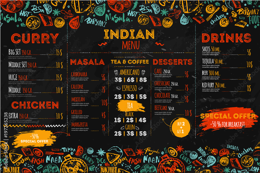 Hand drawn Indian food menu design with rough sketches and lettering ...