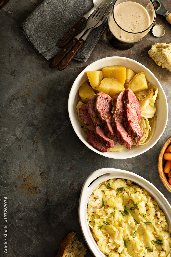 Traditional Irish dinner with corned beef and colcannon Stock Photo ...