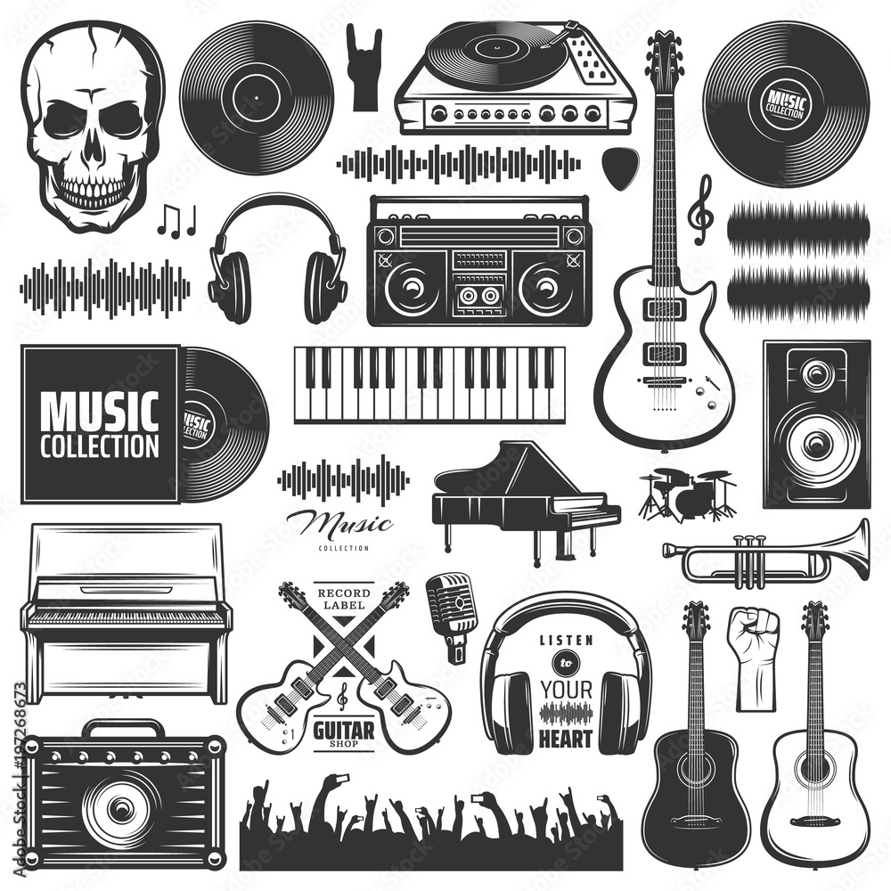 Set of vector music elements. Music icons for audio store, recording ...