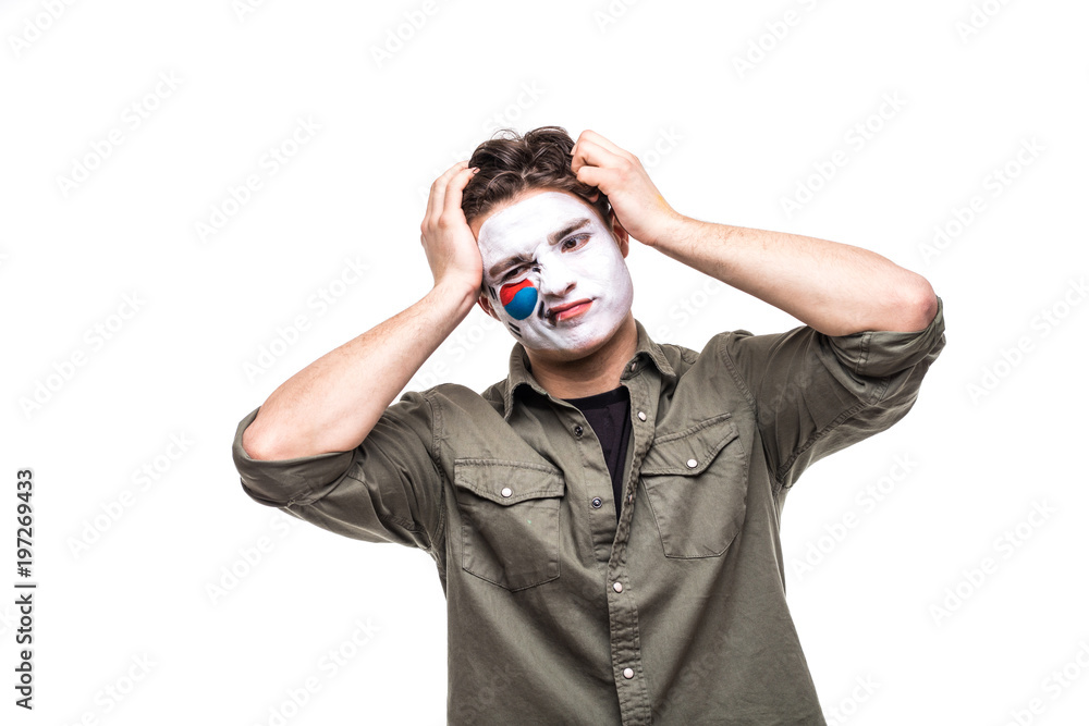 Handsome man supporter fan of Korea Republic national team painted flag ...