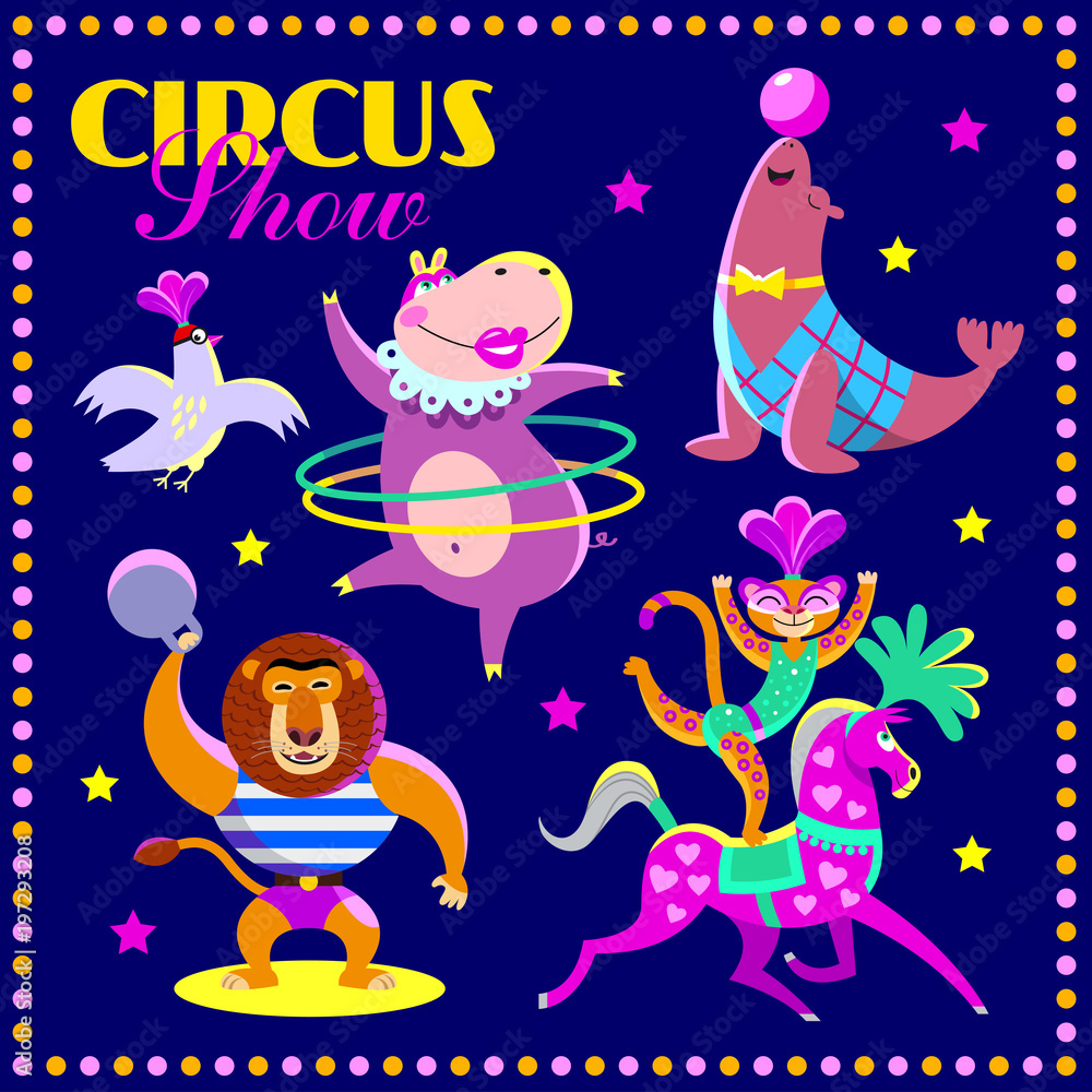 Vector set of circus animals. Cute circus artists in cartoon style ...