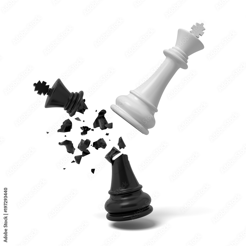3d rendering of a white chess king breaks a black king that cracks and ...