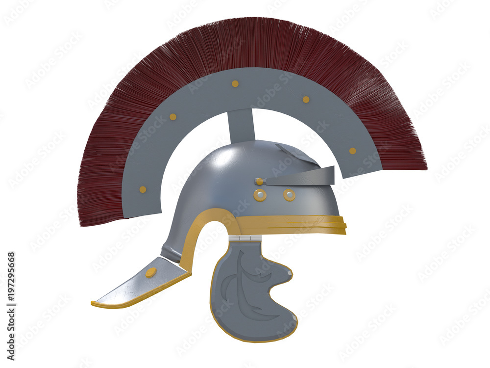 gold and metal roman helmet from side and front view isolated on a ...