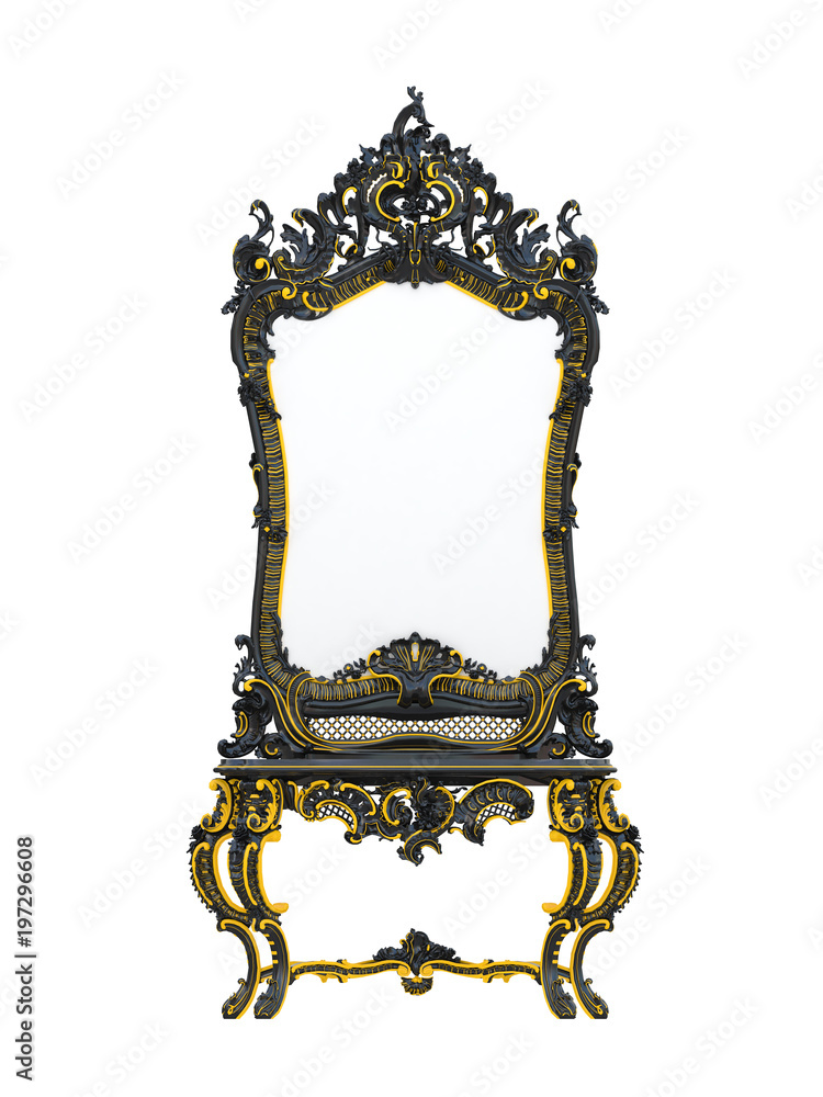 black baroque mirror table from front view isolated on a white ...