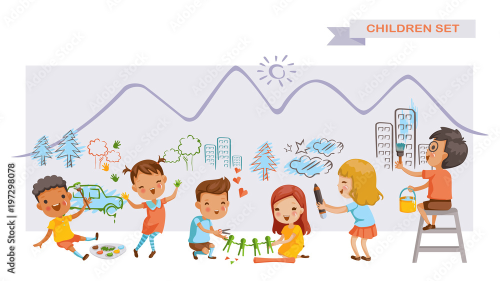 Children art group. Cute kids painting and drawings on the wall ...