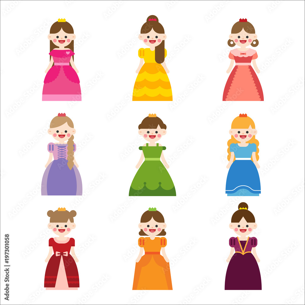 princess dress girl characters. vector flat design illustration set ...