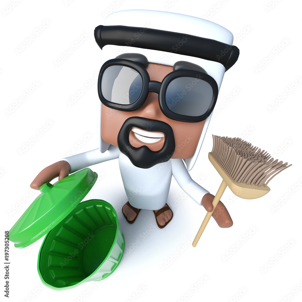3d Funny cartoon Arab sheik character cleaning with a broom and trash ...