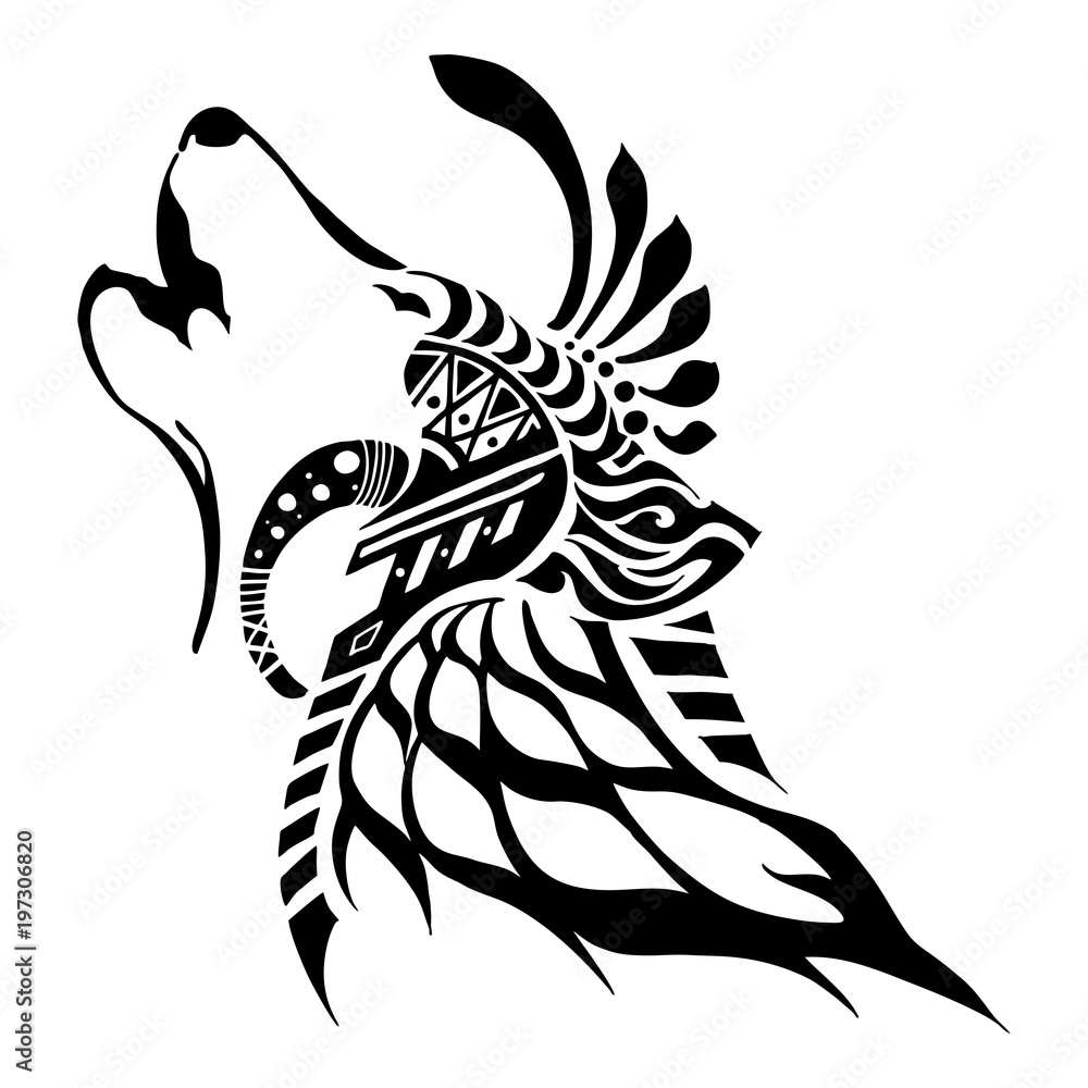 king of wolf with Aztec tribal silhouette tattoo vector style with ...
