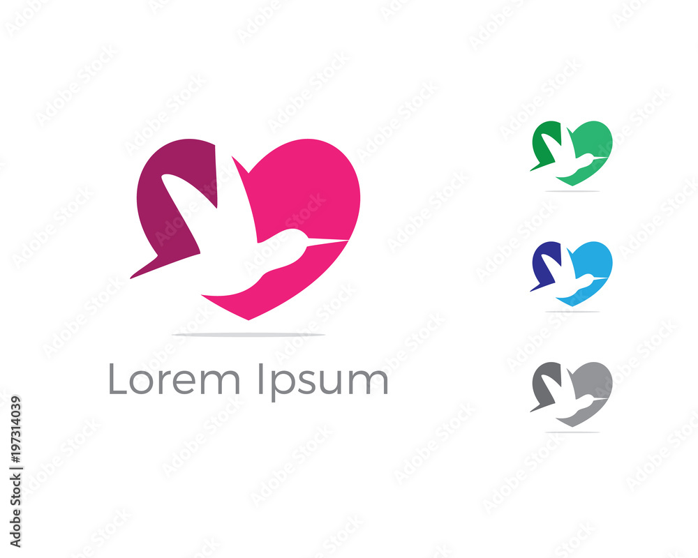 Bird logo vector design, birds lover icon, humming bird in heart vector ...