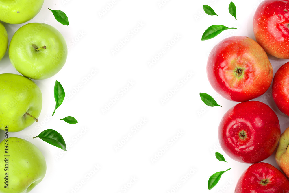 red and green apples decorated with leaves isolated on white background ...