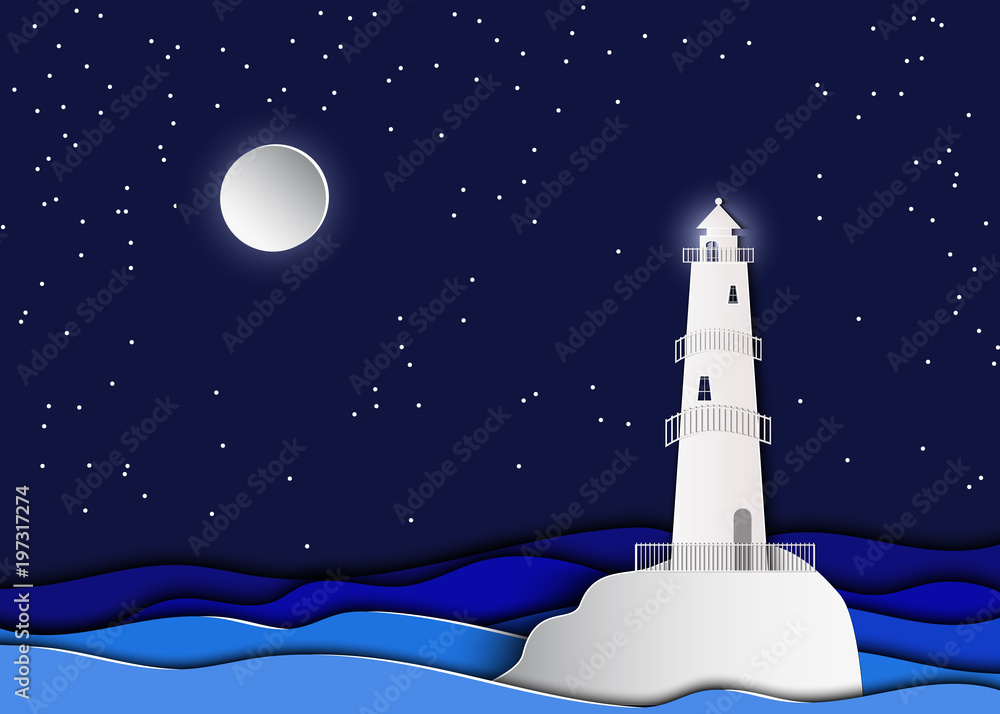 Lighthouse paper cutting art. Vector illustration with light house ...