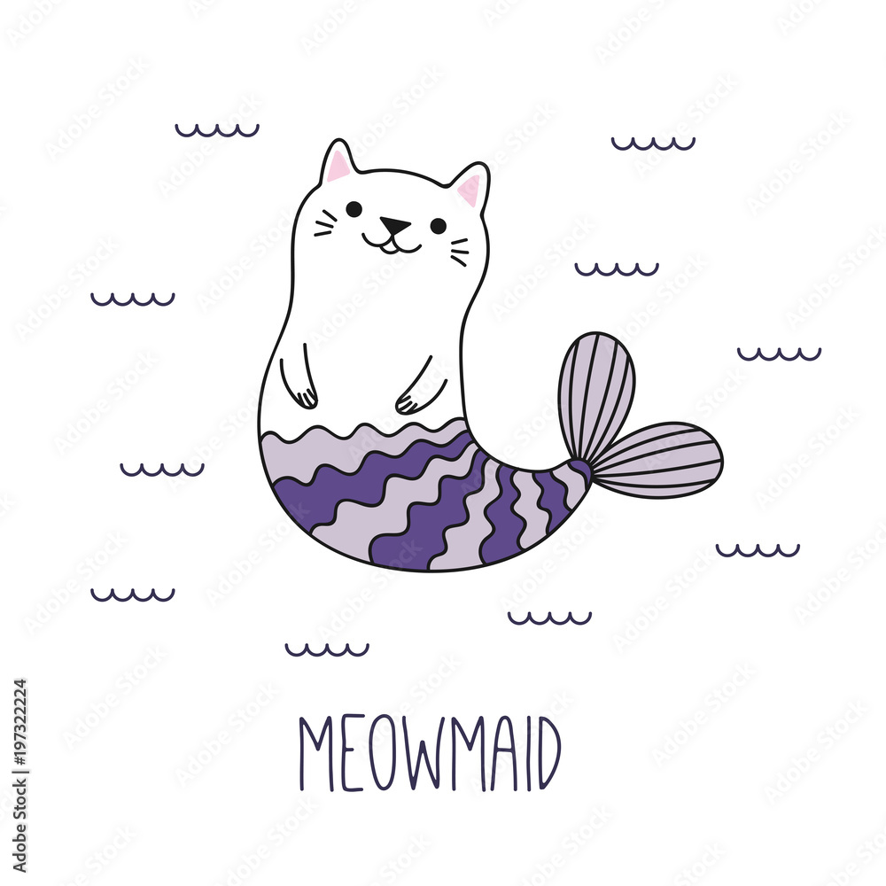 Hand drawn vector illustration of a kawaii funny cat mermaid swimming ...