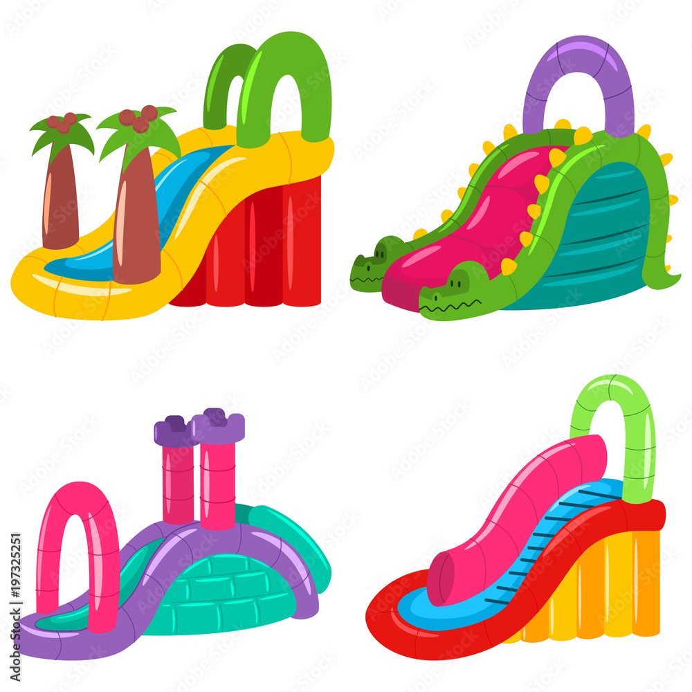 Inflatable water slides for kids of different shapes. Summer amusement ...