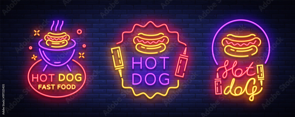 Hot dog collection neon signs vector. Hot dog set logos in neon style ...