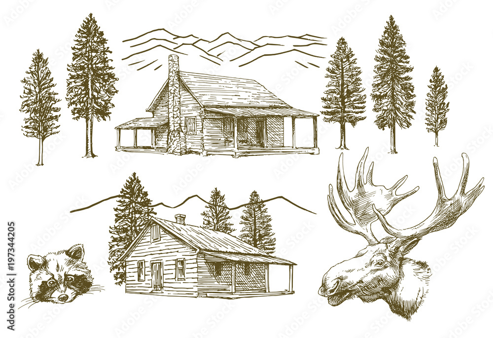 Hand drawn wooden cabin Stock Vector | Adobe Stock