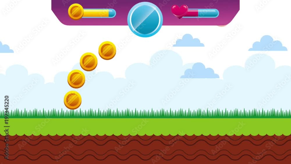 video game screen with gold coins play clouds online animation hd Stock ...