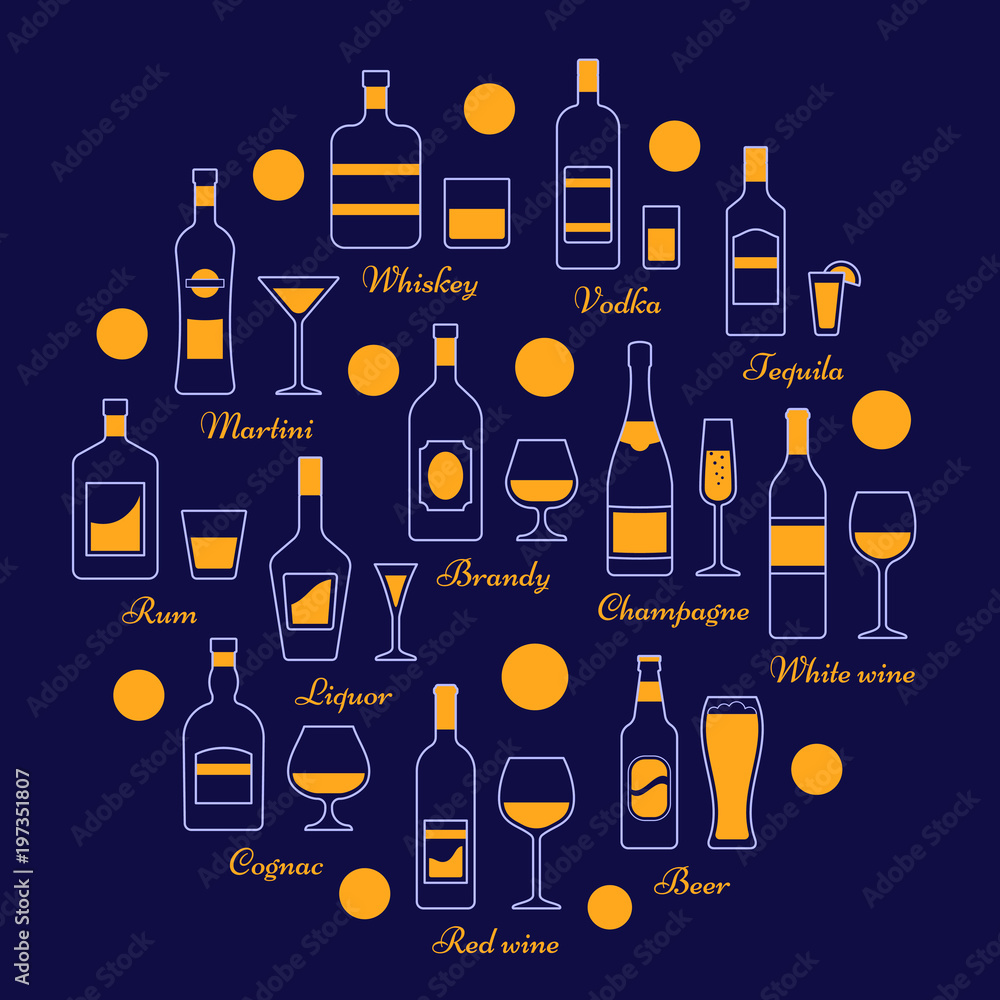 Alcohol beverages set in line art style. Outline icons bottles, glasses ...