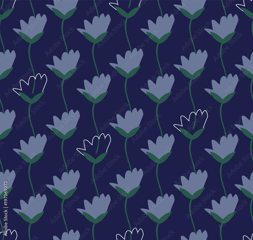 Seamless vector pattern with bright beautiful blue tulips in a row with ...