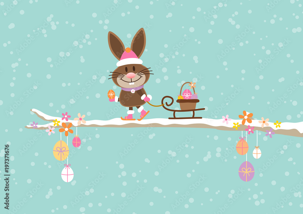 Bunny Sleigh Easter Eggs Tree Snow Retro Stock Vector | Adobe Stock