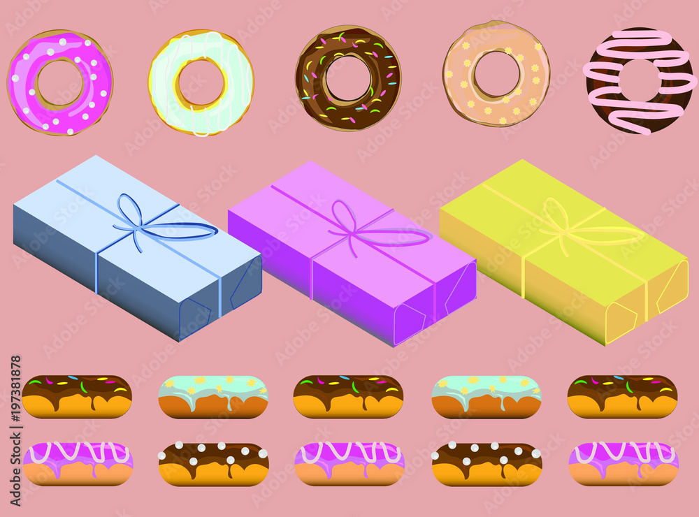 Set of isolated donuts with different decor, top view and side view ...