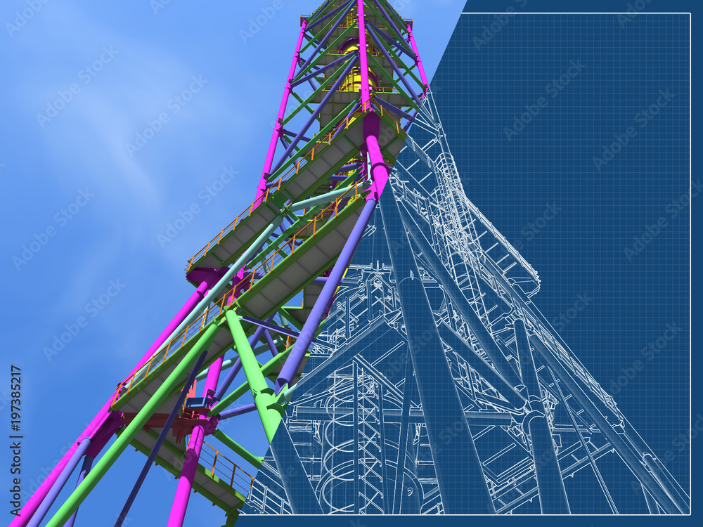 High-rise chimney on a metal frame. Illustration of construction and ...