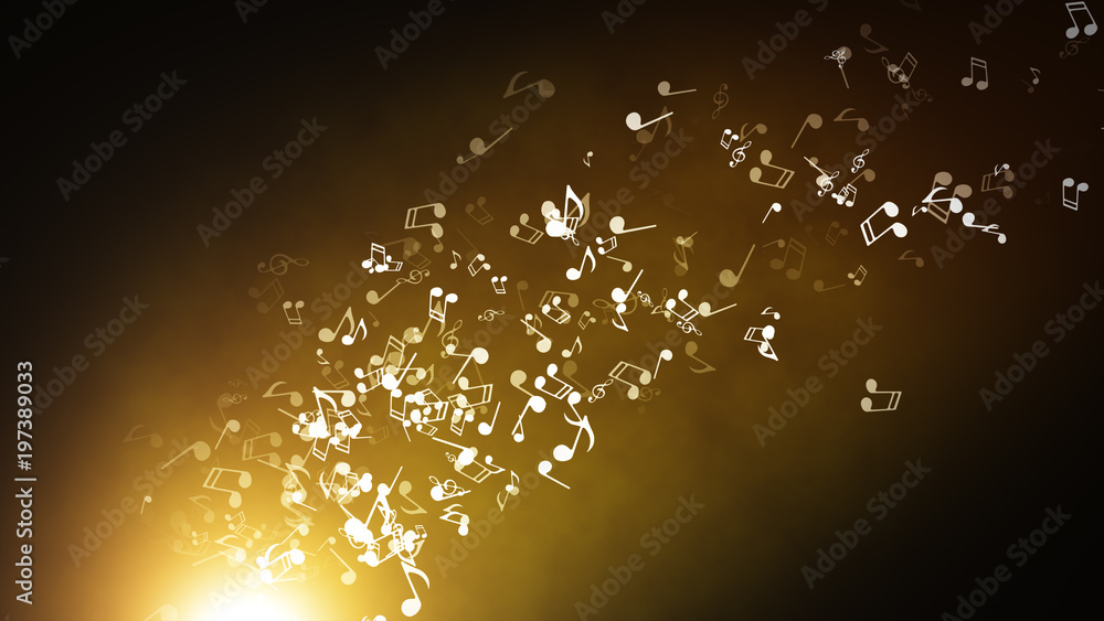 Floating musical notes on an abstract gold background with flares 3d ...