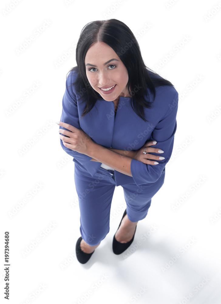 Beautiful woman in blue suit smiling on white background Stock Photo ...
